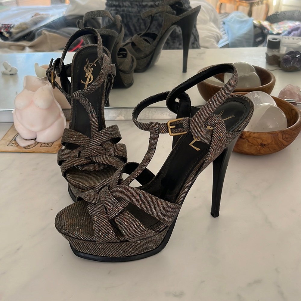 Ysl Saint Laurent Tribute Woven Platform- Black W Gre… - Gem